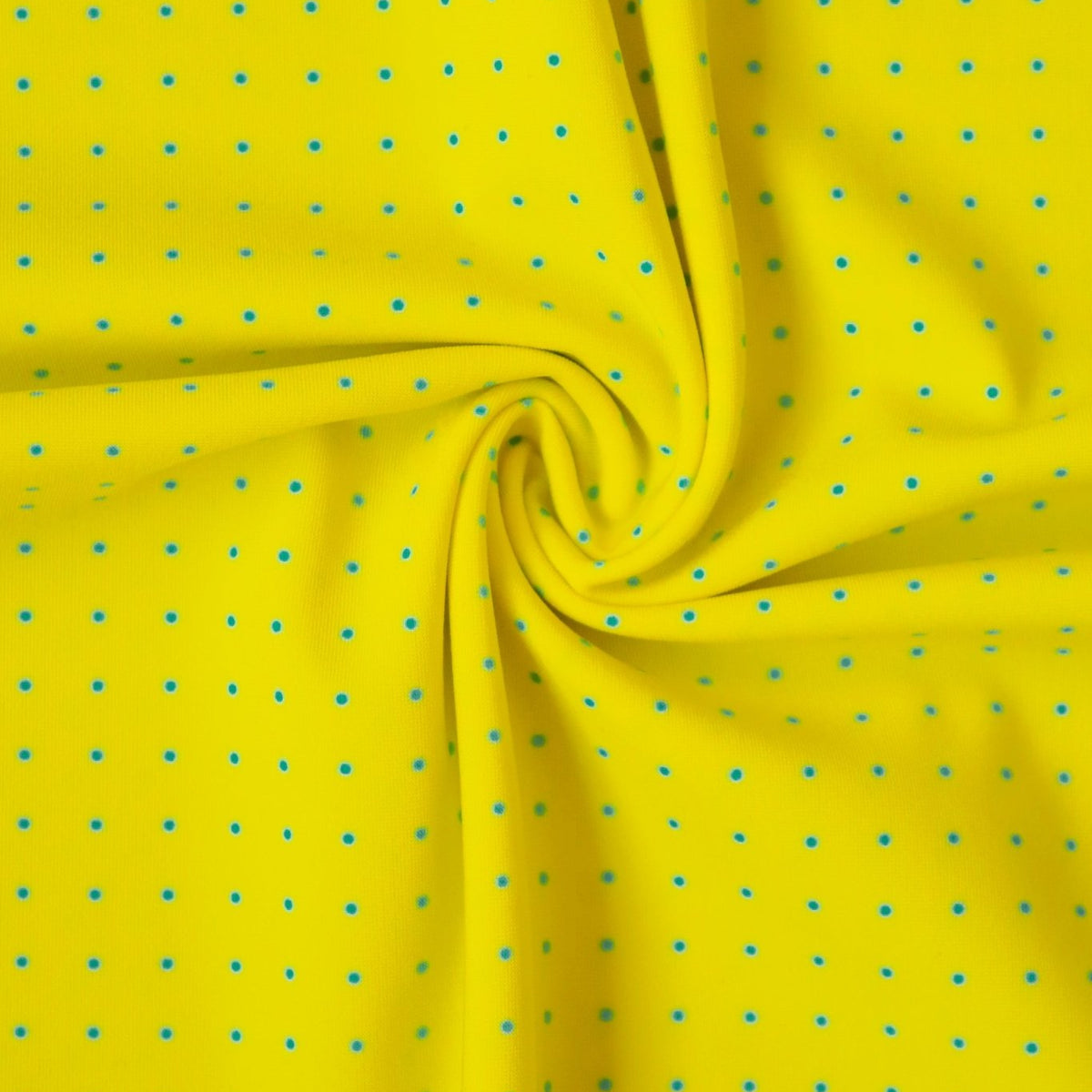 Aqua Polka Dots on Yellow Swim Print Knit Fabric - Boho Fabrics