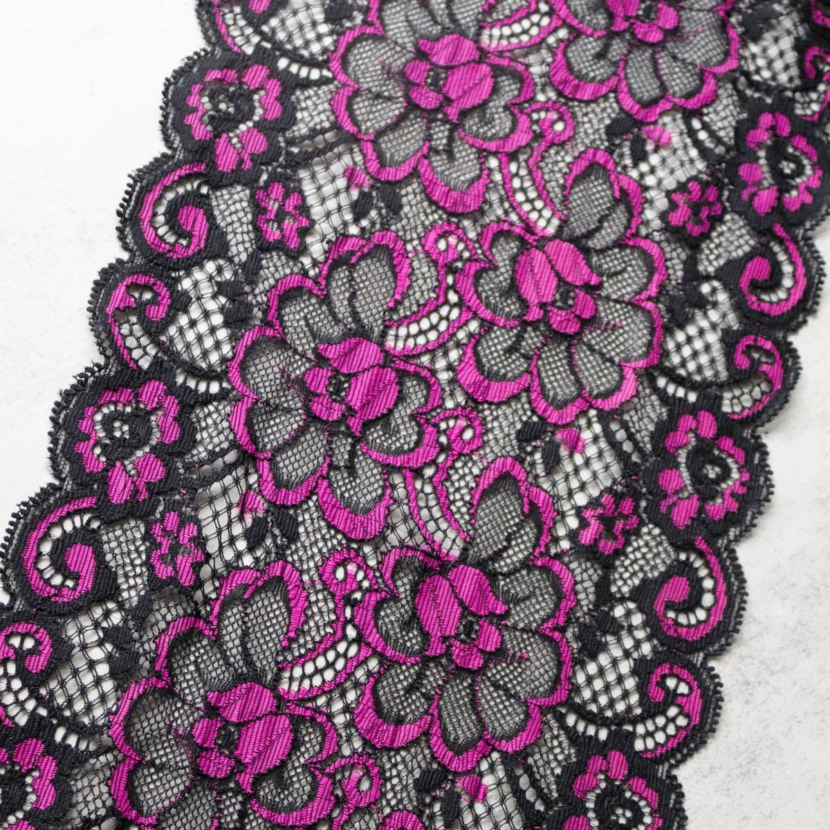 7" Fuchsia Florals. Stretch Galloon Lace Trim. – Boho Fabrics