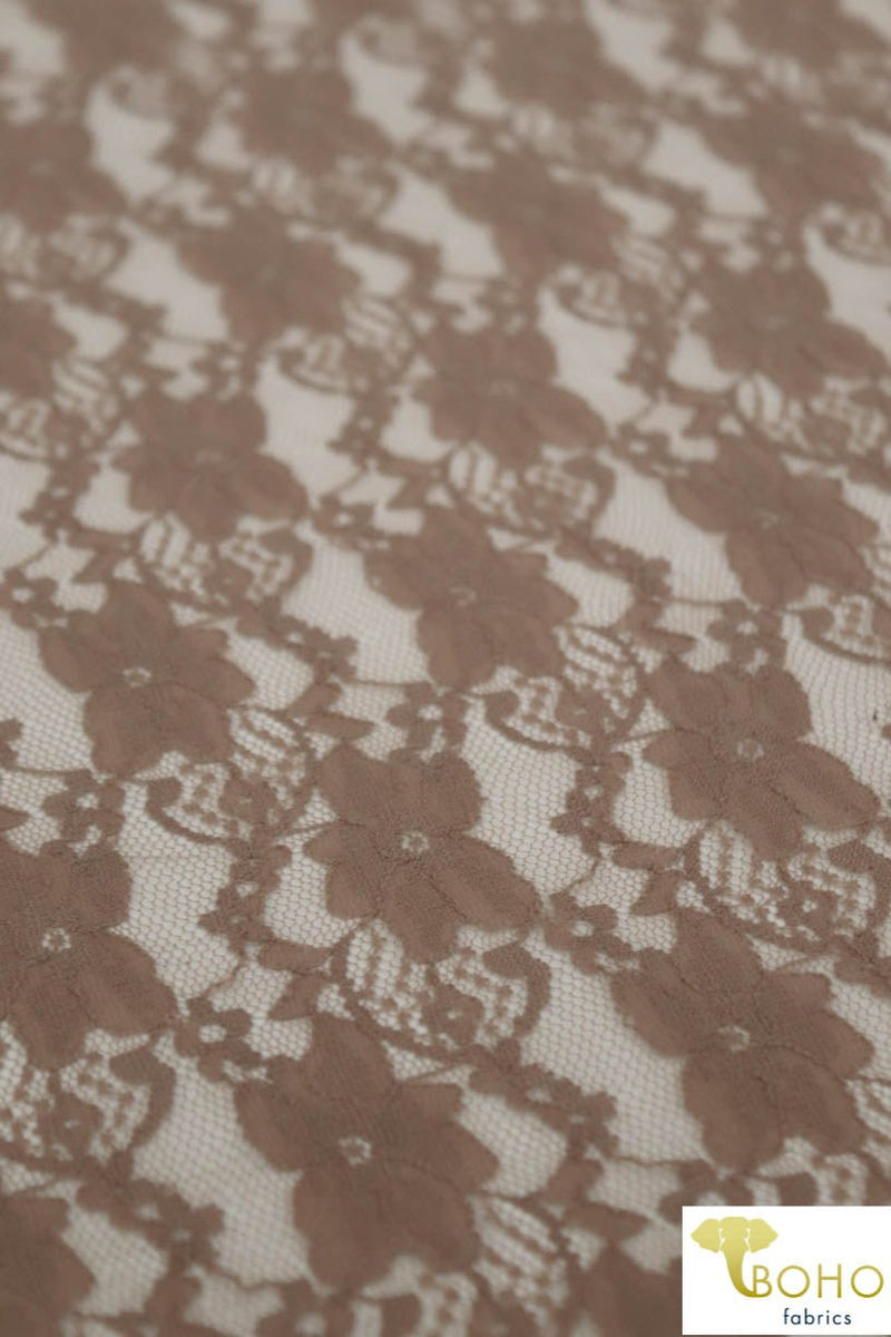 Chain Flowers in Taupe. Stretch Lace. SL-109-BRWN. – Boho Fabrics